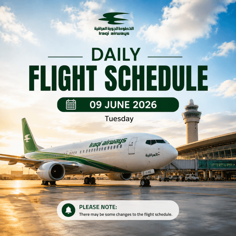 Iraqi Airways Flight Schedule for Tuesday, 09 June 2026