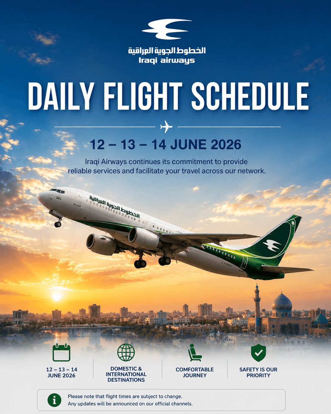 Iraqi Airways Flight Schedule (12–13-14 June 2026)