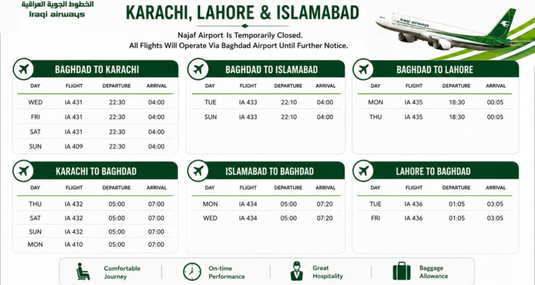 Iraqi Airways Flight Schedule for Karachi, Lahore & Islamabad